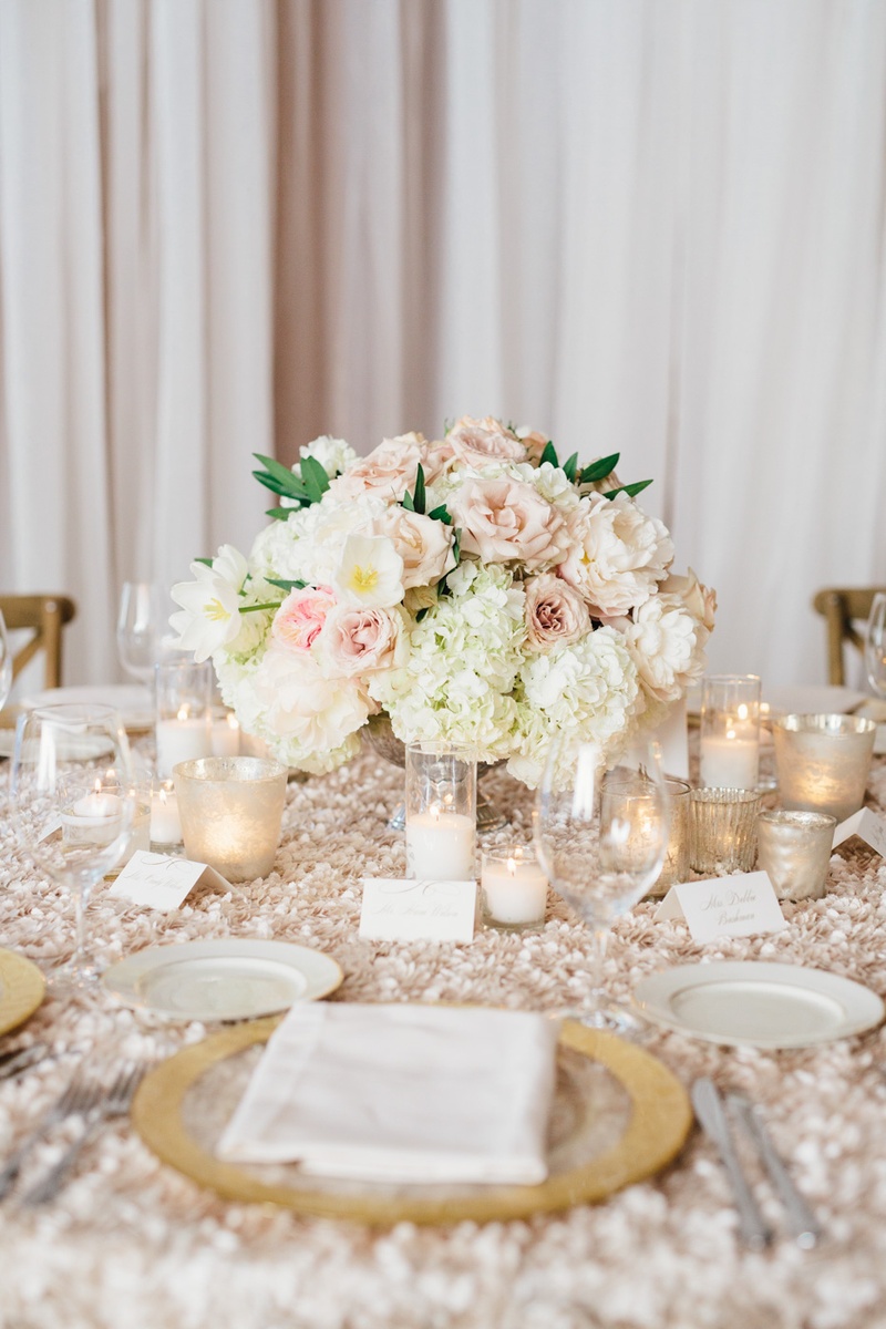Reception Décor Photos - Textured Pale Pink Table Linens - Inside Weddings