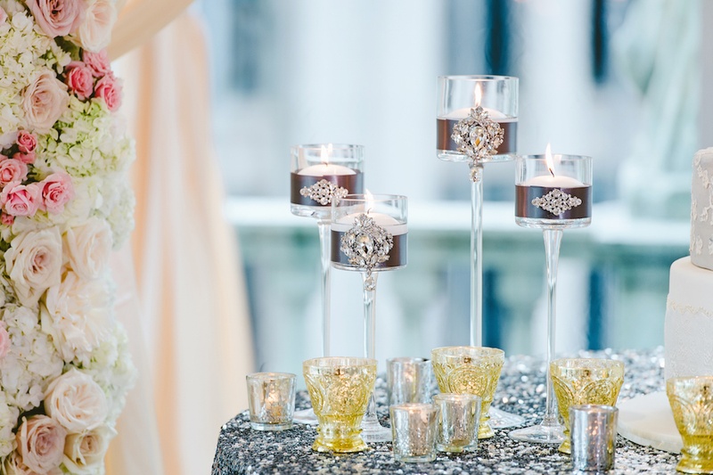 Reception Décor Photos - Crystal Cake Table Decorations - Inside Weddings