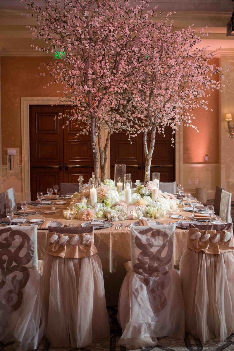 Reception Décor Photos - Pink Tree Centerpiece - Inside Weddings