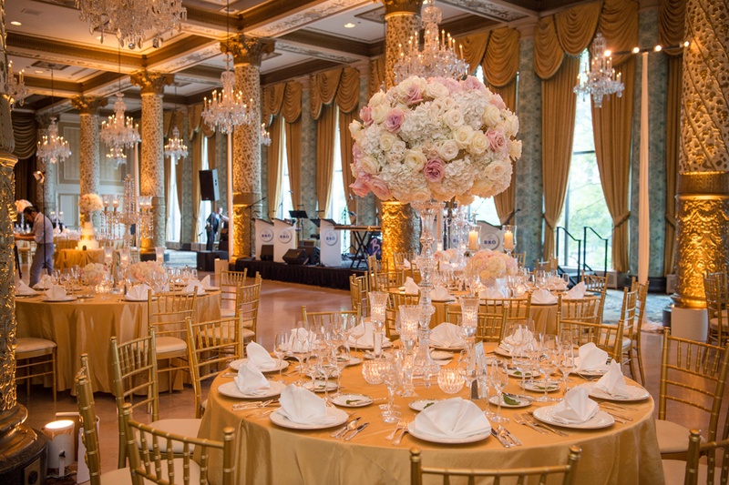 Reception Décor Photos - Golden Ballroom with Romantic Centerpieces ...